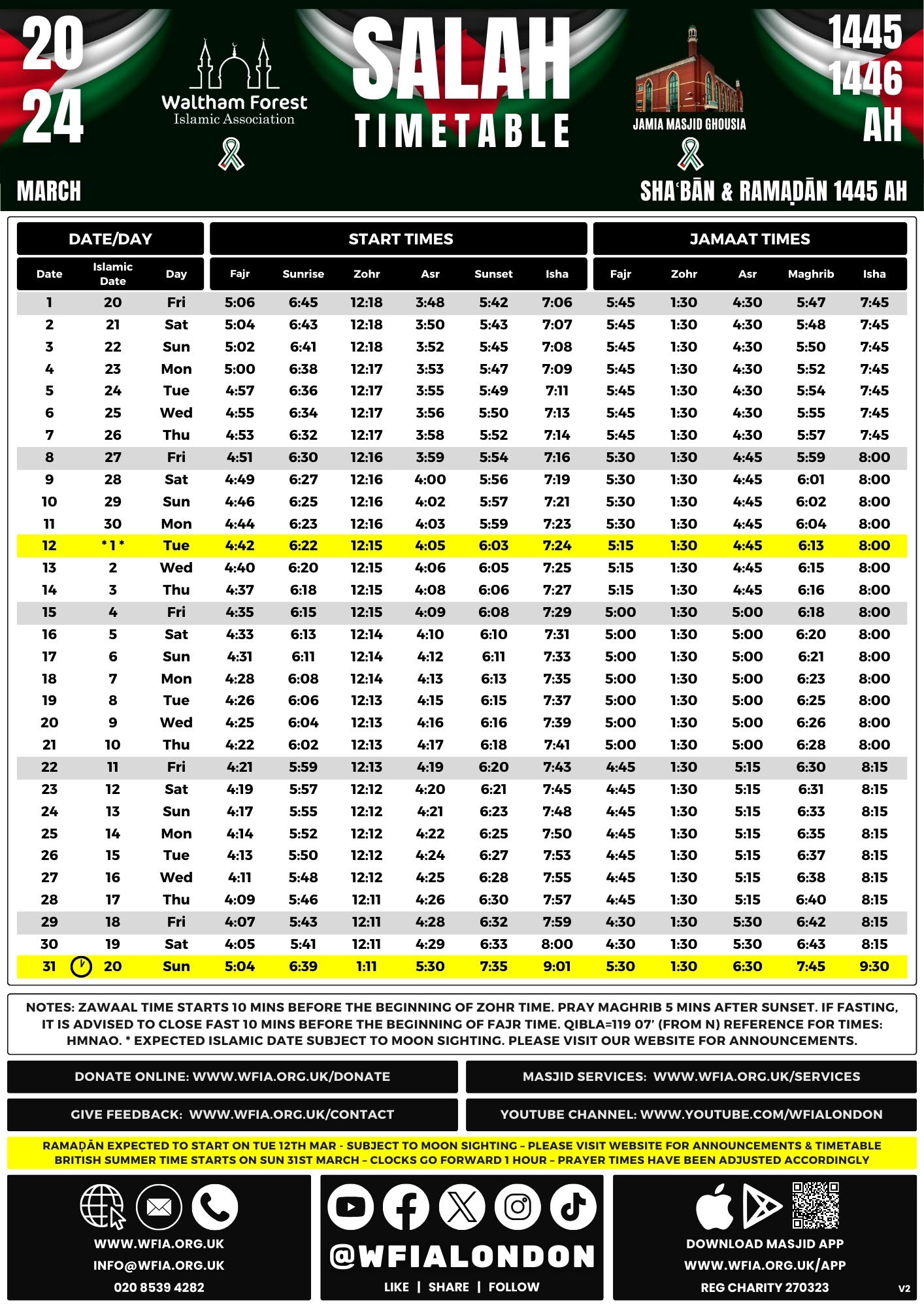 Prayer Timetable – WFIA | Lea Bridge Road Mosque
