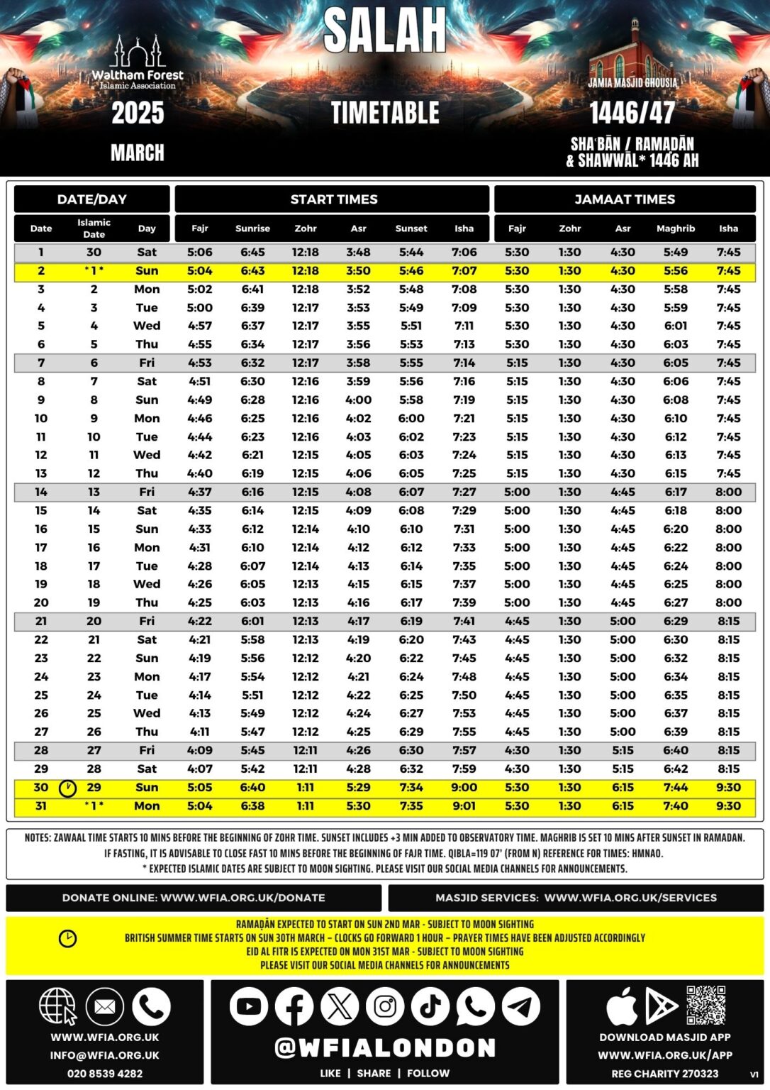 Prayer Timetable – WFIA | Lea Bridge Road Mosque