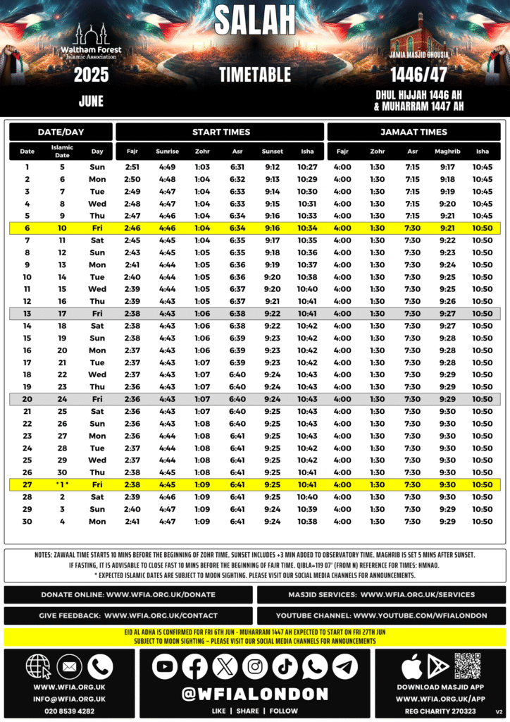 Prayer Timetable – WFIA | Lea Bridge Road Mosque
